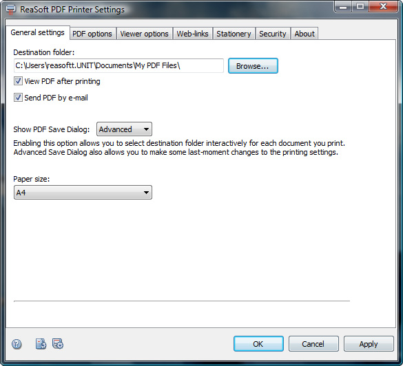 ReaSoft PDF Printer Settings General Settings